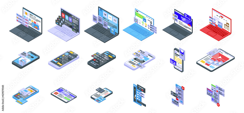 Interface icons set. Isometric set of interface vector icons for web ...