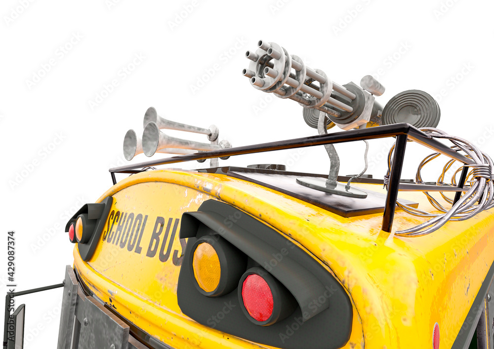 close up on minigun of the zombie bus in white background Stock ...