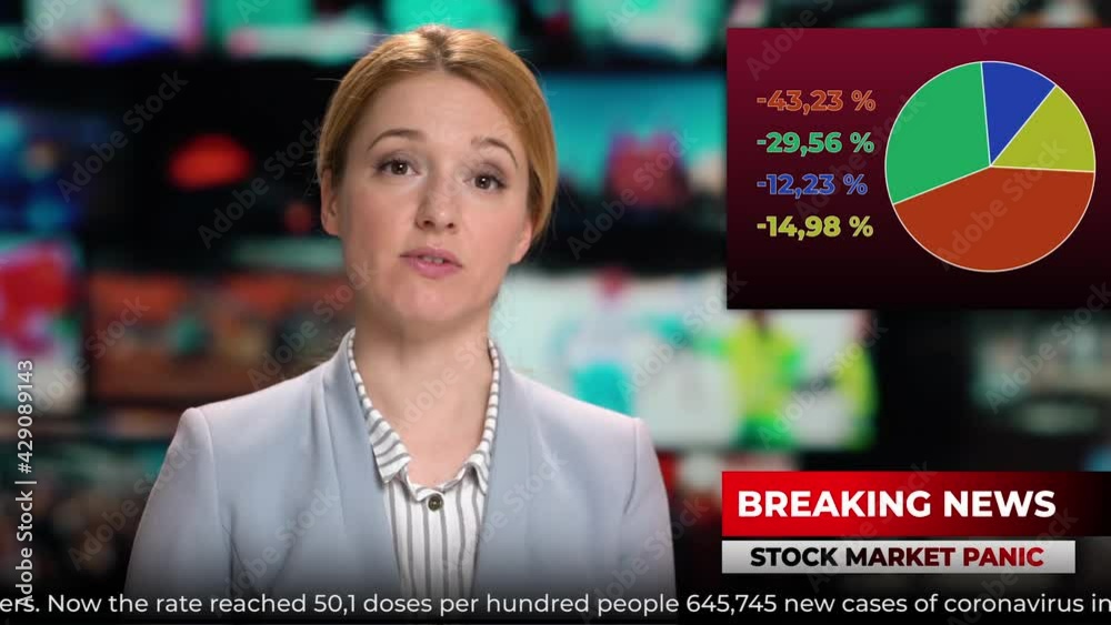 TV studio news female presenter talking finance breaking news Stock ビデオ ...