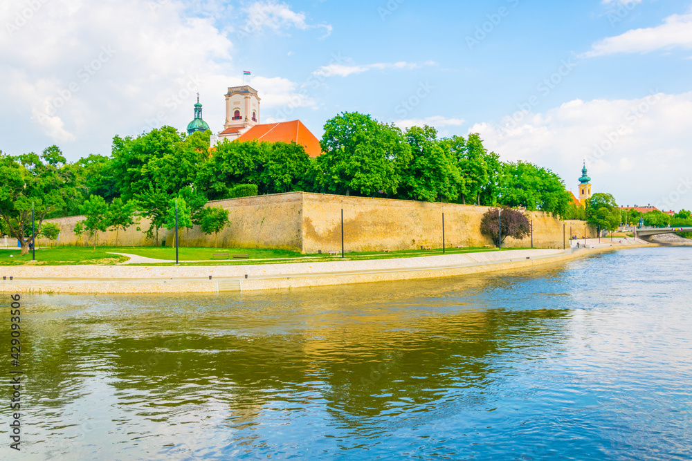 bishop castle and cathedral tower over the river in gyor city in ...