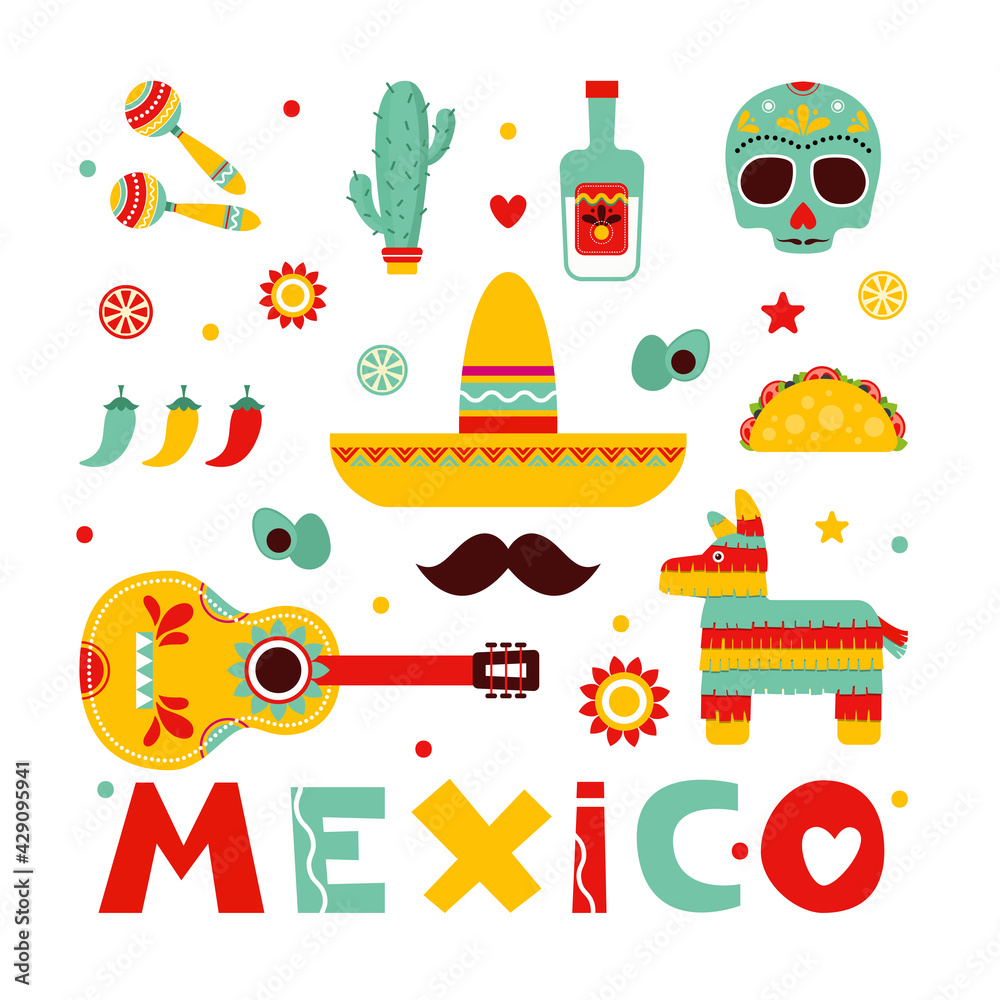 Mexico. Set with symbols of Mexico Mexican guitar, mustache, tequila ...