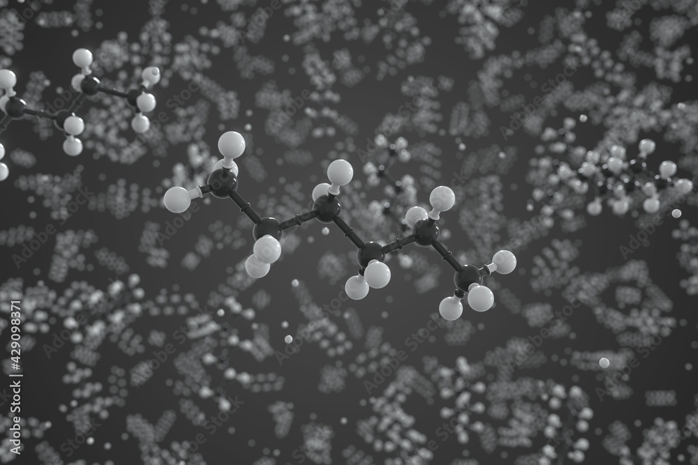 Hexane molecule made with balls, conceptual molecular model. Chemical ...