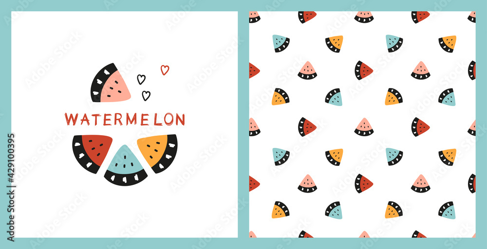 Cute Watermelons Vector Set. Seamless Pattern and Print or Poster with ...