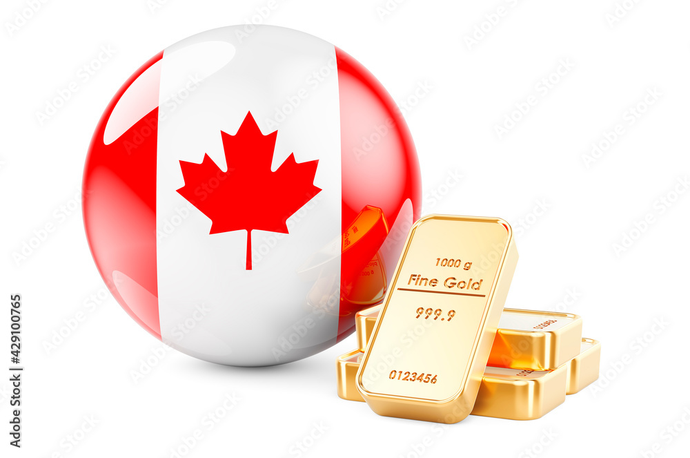 Golden ingots with Canadian flag. Foreign-exchange reserves of Canada ...