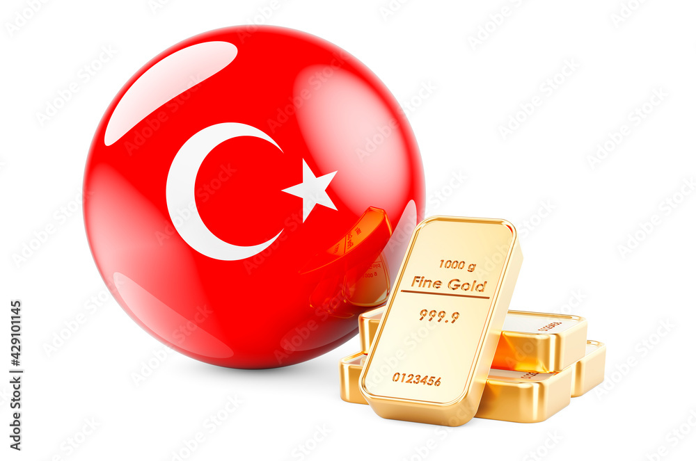 Golden ingots with Turkish flag. Foreign-exchange reserves of Turkey ...