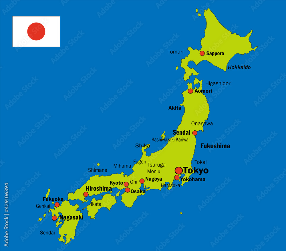 Japan Landkarte mit Städte und Flagge, Vektor Illustration isoliert auf ...