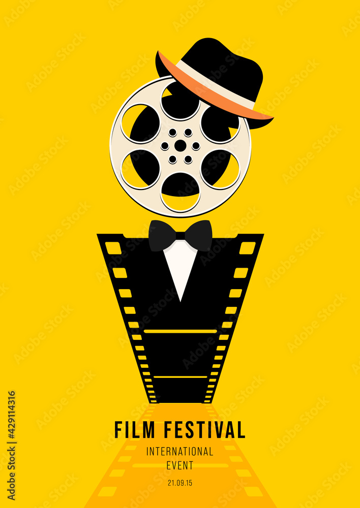 Movie and film poster design template background with vintage film reel ...