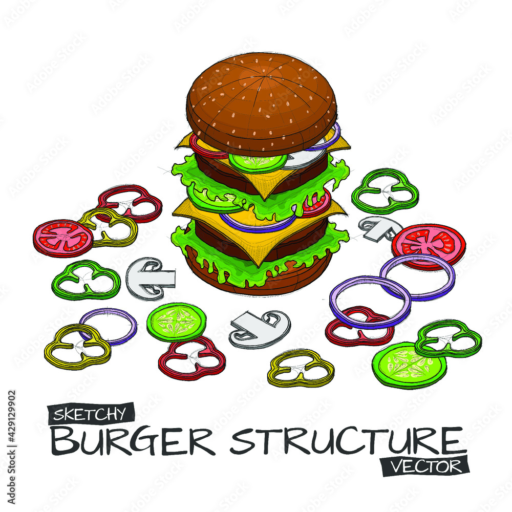 big burger, hamburger hand drawn vector illustration free hand sketch ...