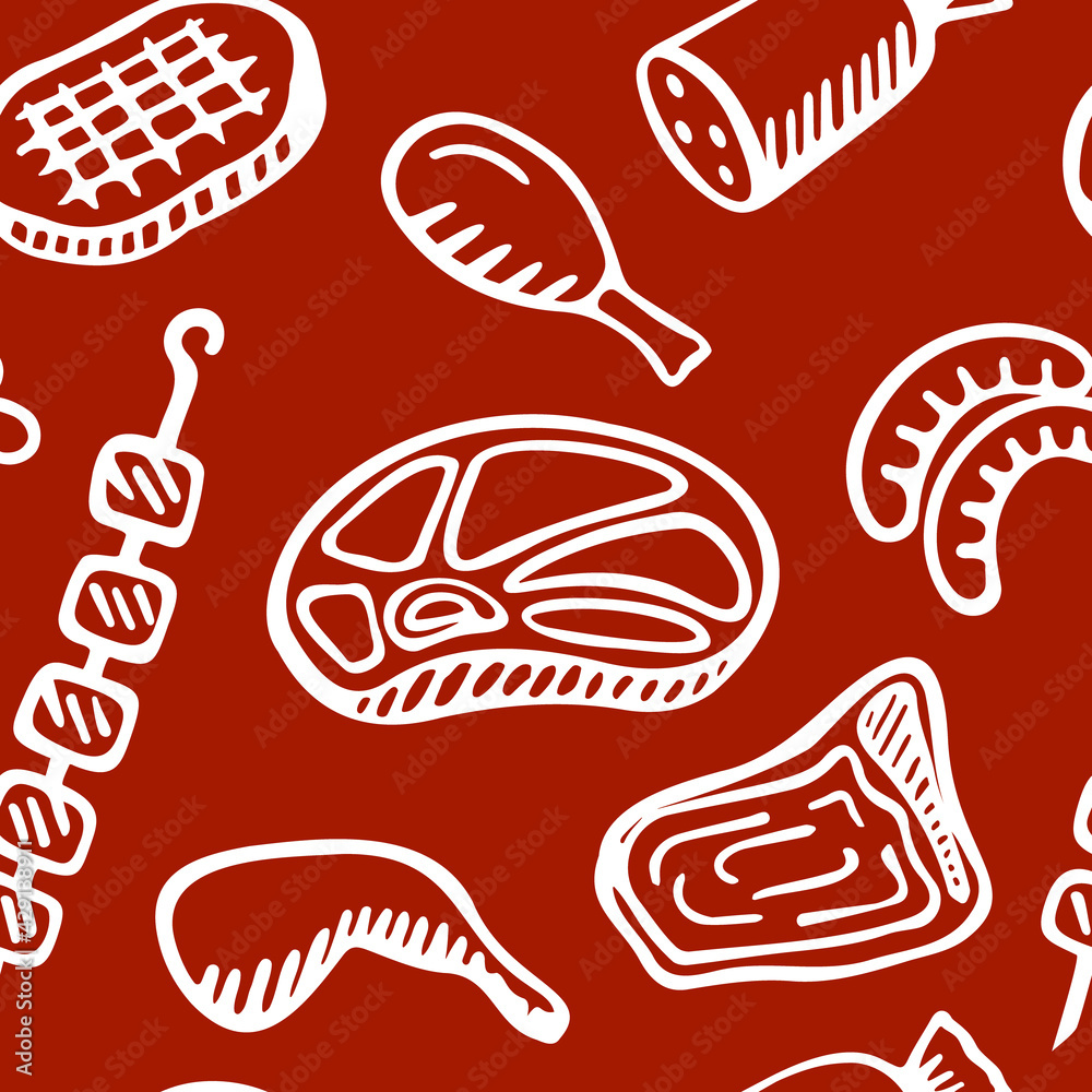 Meat seamless pattern. Beef, pork, lamb. Meat products: steak, barbecue ...