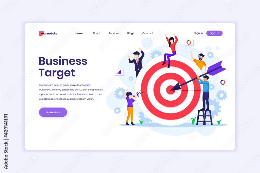 Landing page design concept of Business Target, People put darts on the ...
