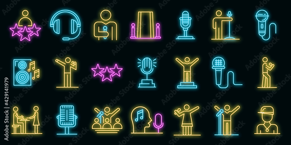 Singer icons set. Outline set of singer vector icons neon color on ...