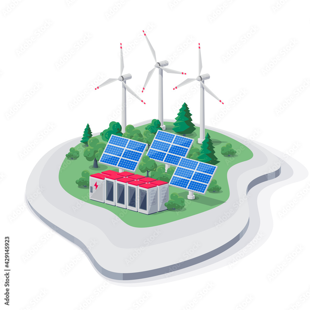 Vector illustration of photovoltaic solar panels, wind turbines and ...