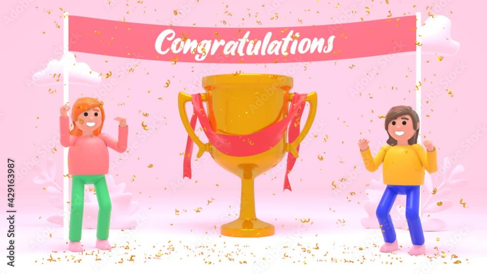 Celebrate victory, win prize, take first place. Two women stand near ...