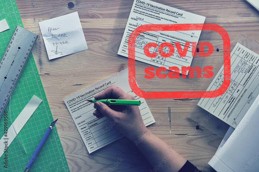 Covid scams. Fake covid vaccination record card. Forgery of health ...
