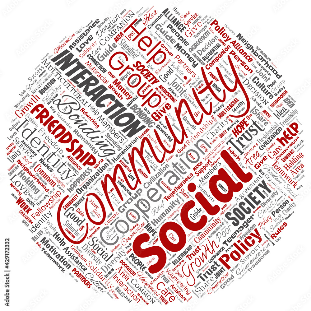 Vector conceptual community, social, connection round circle red word ...