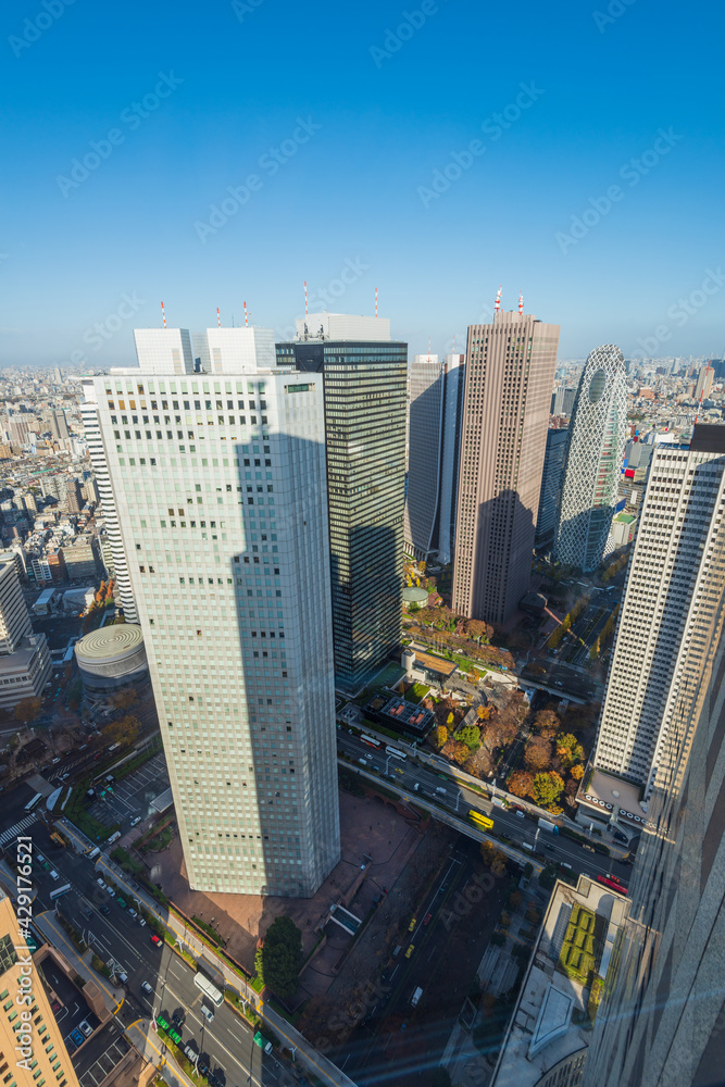 Aerial view of downtown Tokyo city skyline showing skyscraper high-rise ...