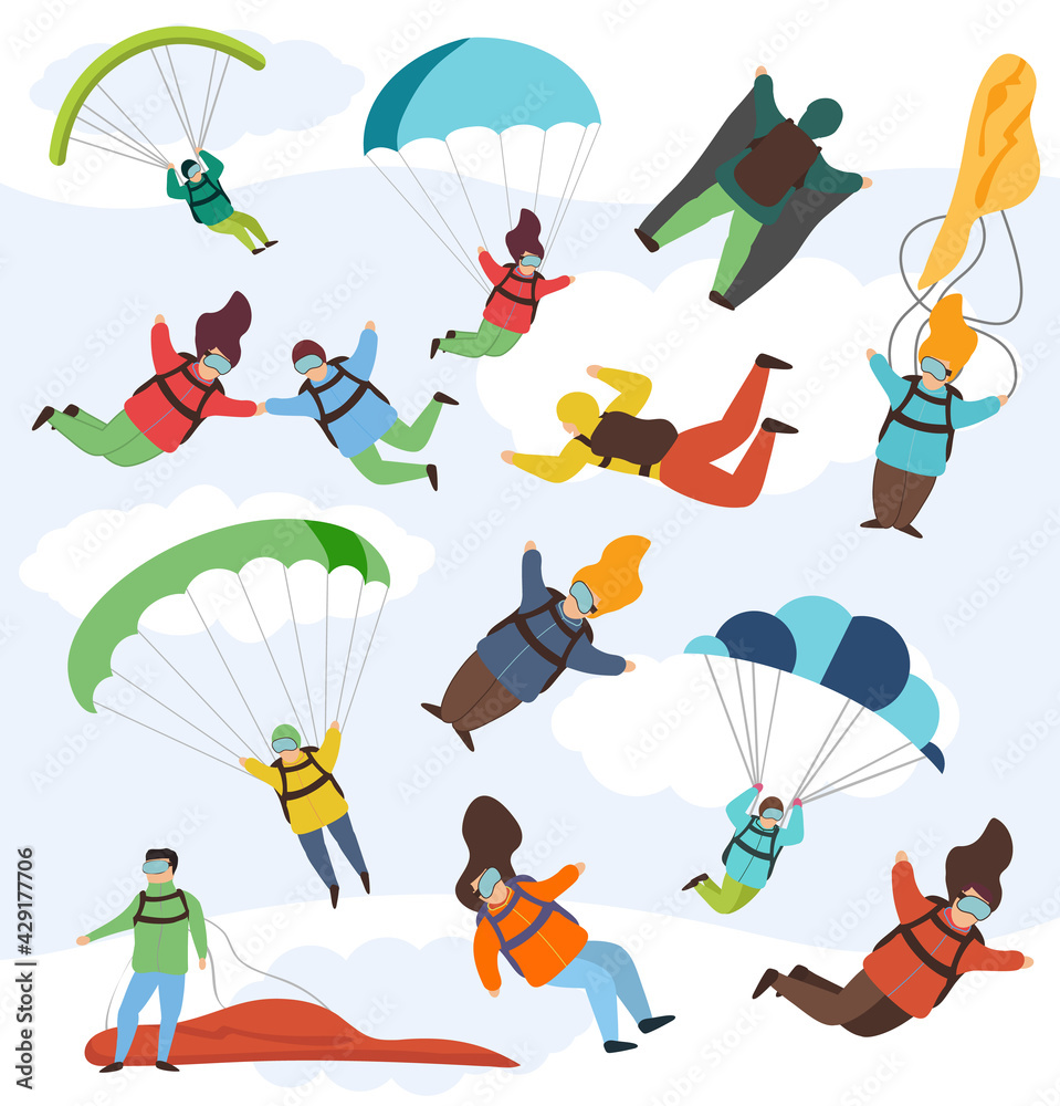 Parachute extreme free fall vector illustration set. Parachutist fall ...