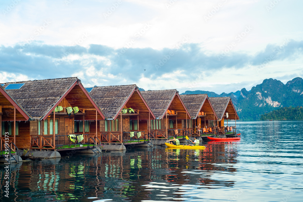 floating house at Cheow Lan Dam (Ratchaprapa Dam), Thailand. One of ...