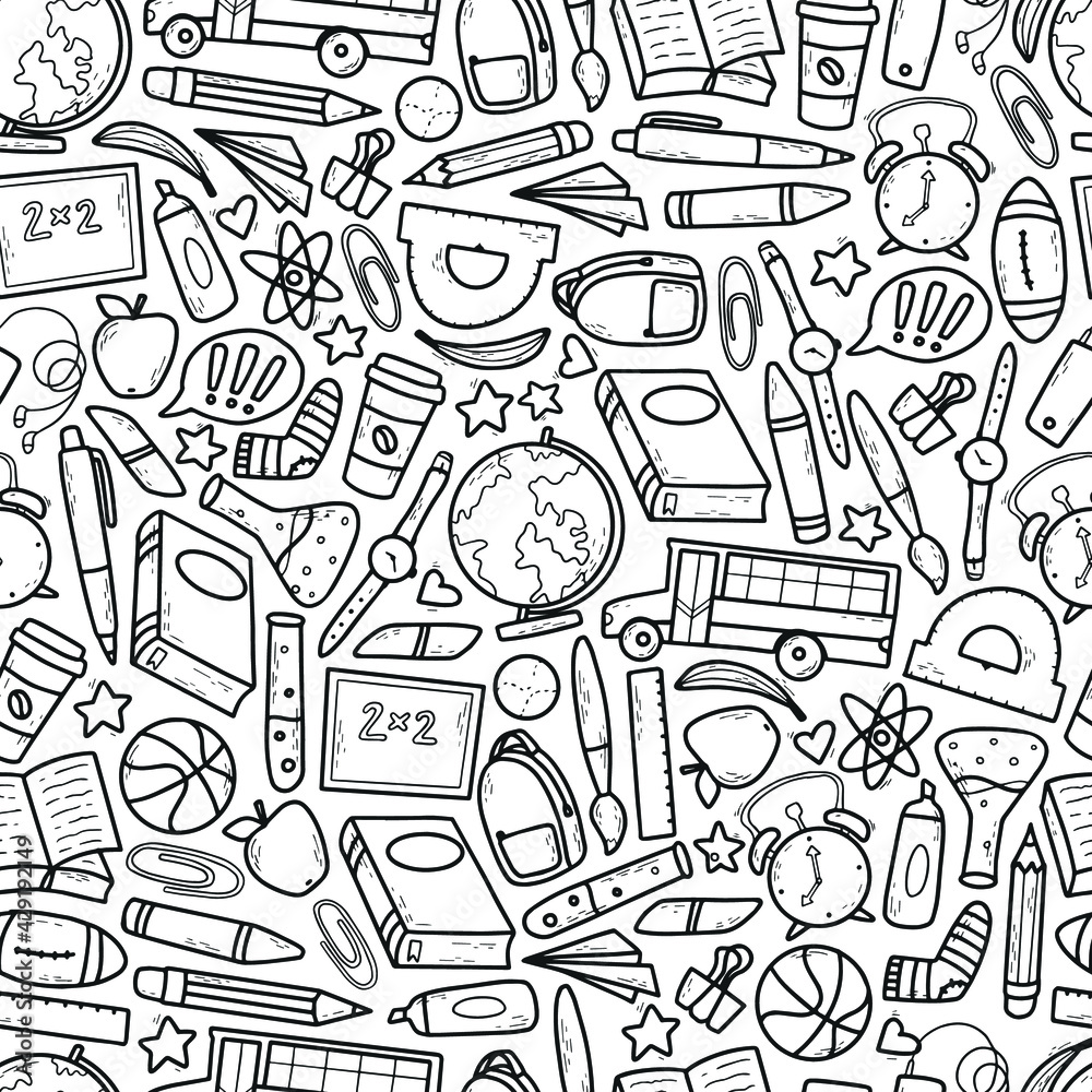 cute seamless pattern with hand drawn school doodles. Monochrome hand ...