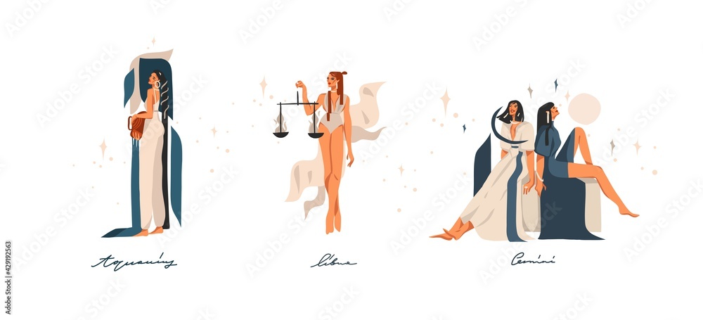Hand drawn vector stock abstract graphic illustrations with zodiac ...
