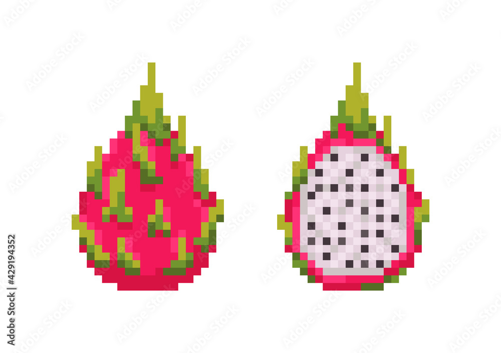 Pixel dragon fruit. Pixel art dragon fruit and half dragon fruit icons ...
