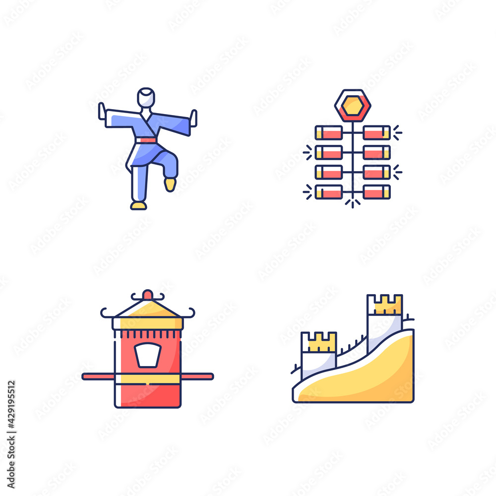 Traditional China RGB color icons set. Chinese firecrackers. Kung Fu ...