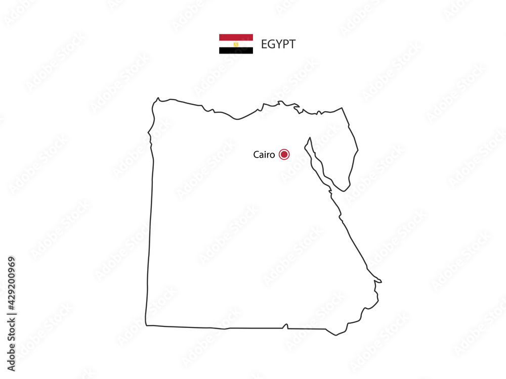 Hand draw thin black line vector of Egypt Map with capital city Cairo ...