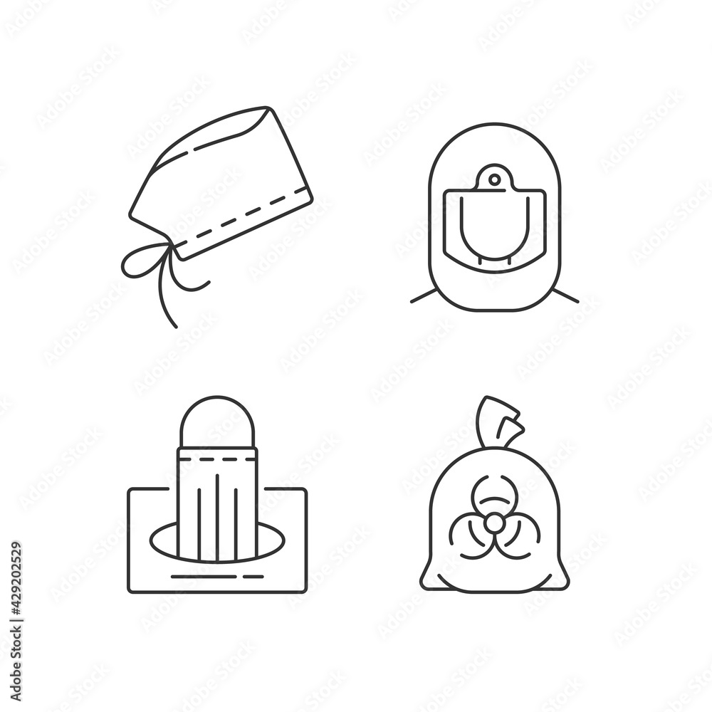 Personal protective equipment linear icons set. Surgical cap, helmet ...
