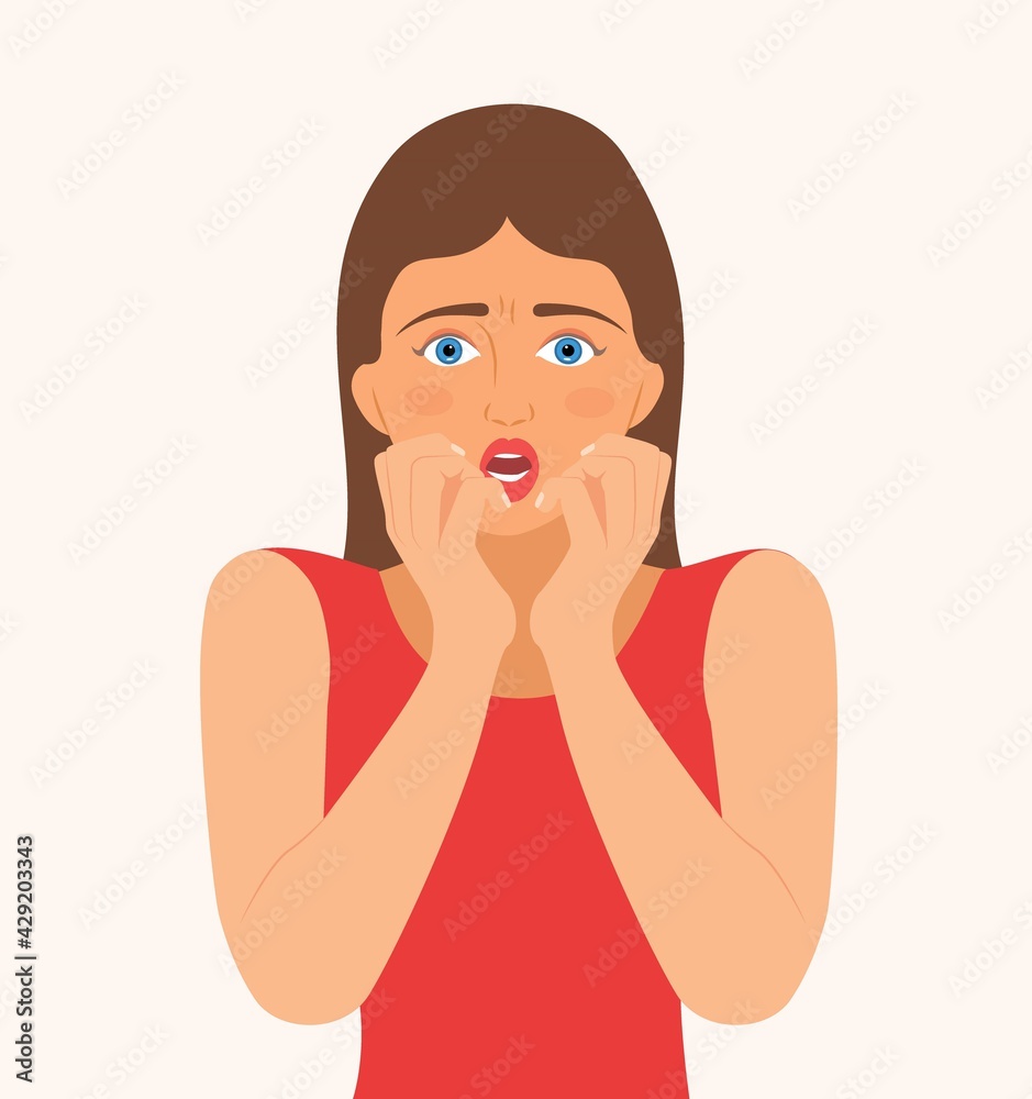 Portrait of scared, panicked woman with horror face and two hand ...