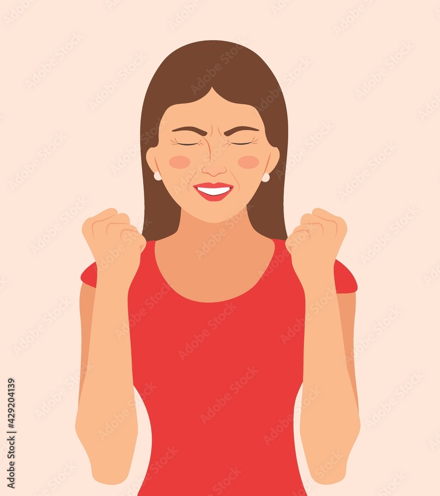 Excited woman smiles with joyful facial expression. Cheering, raising ...