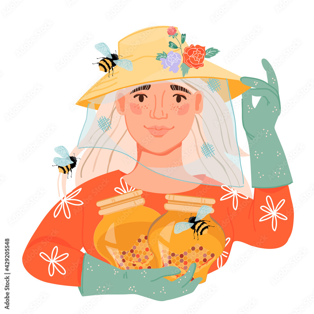 Beekeeper female character in a bee protection suit with jar of honey ...
