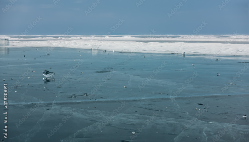 Transparent ice fragments are scattered on the smooth shiny surface of ...