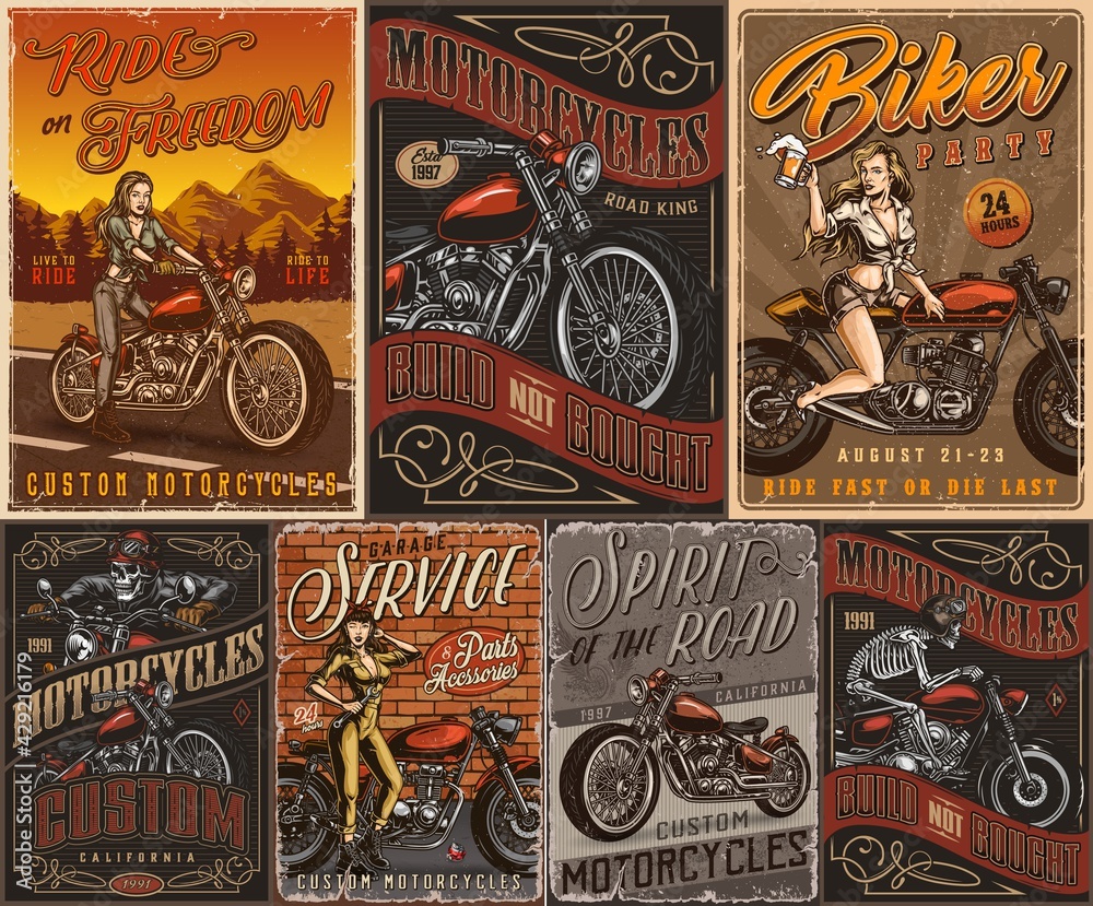 Motorcycle vintage colorful posters set Stock Vector | Adobe Stock