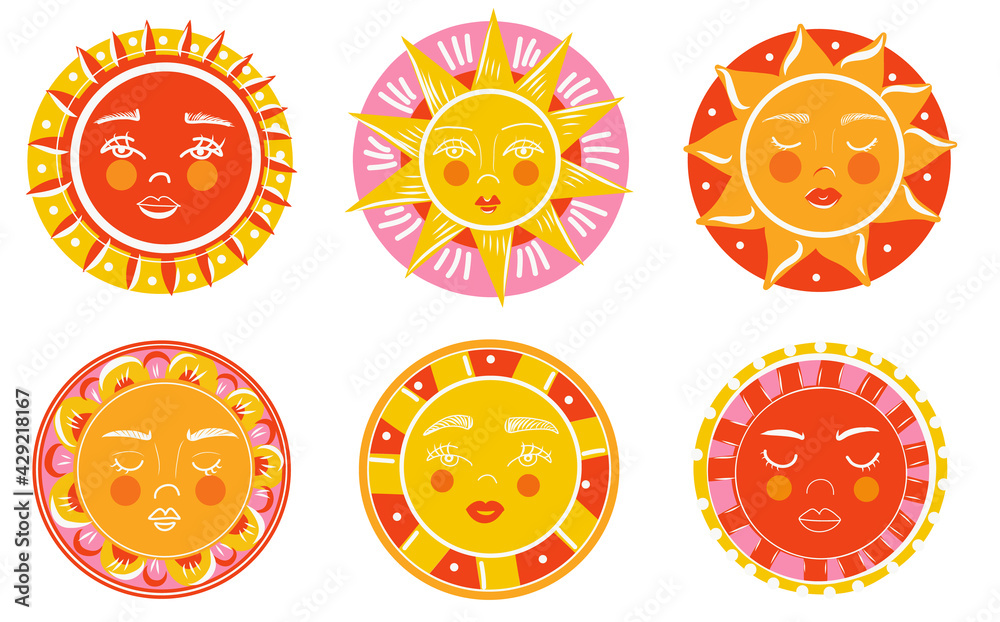 Cute sun flat vector illustrations set. Sun era. Cute suns. Sunshine ...