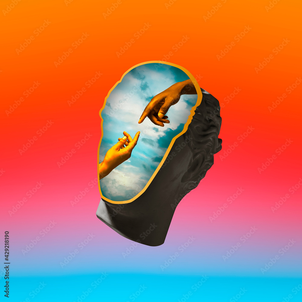 Touch of two hands isolated on light background. Modern art collage ...