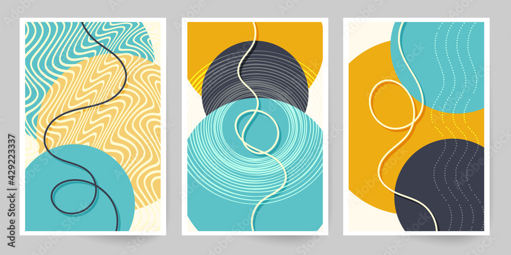 60s art canvas. Set of geometric shapes and lines. Imitation watercolor ...