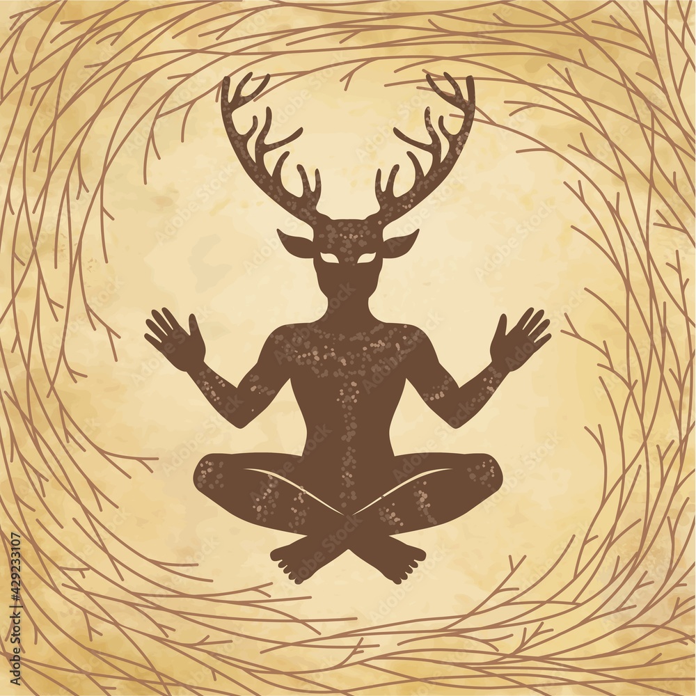 Silhouette of the sitting horned god Cernunnos. Mysticism, esoteric, paganism, occultism. Vector ...