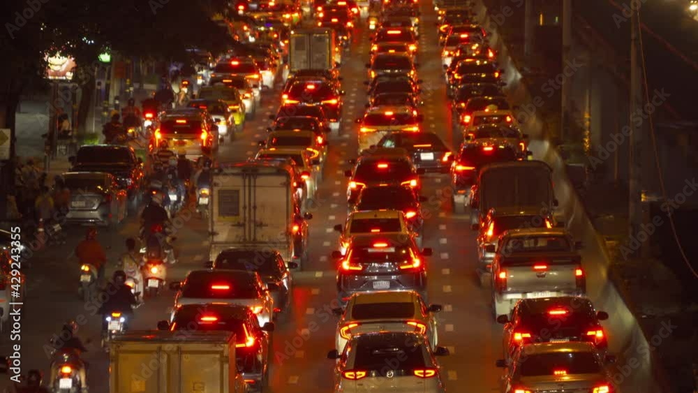 Crowd of busy cars with heavy traffic jam in rush hour on highway road ...