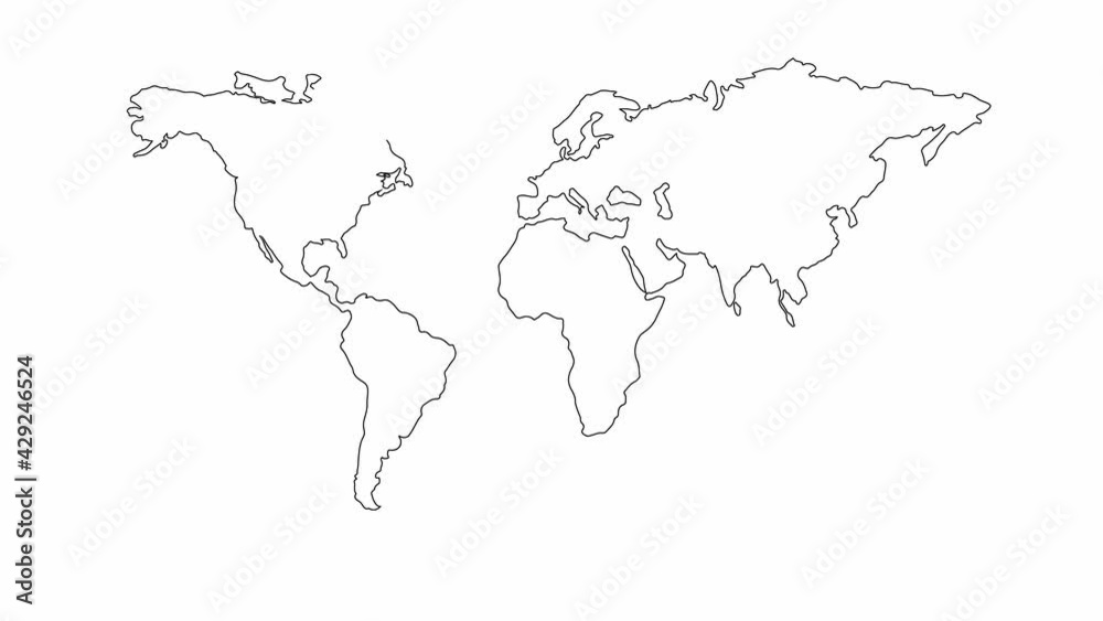 Lines drawing animation. Simplified flat world map illustration with ...