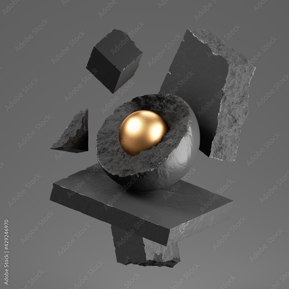 3d render, abstract modern minimal background with concrete stone ruins ...