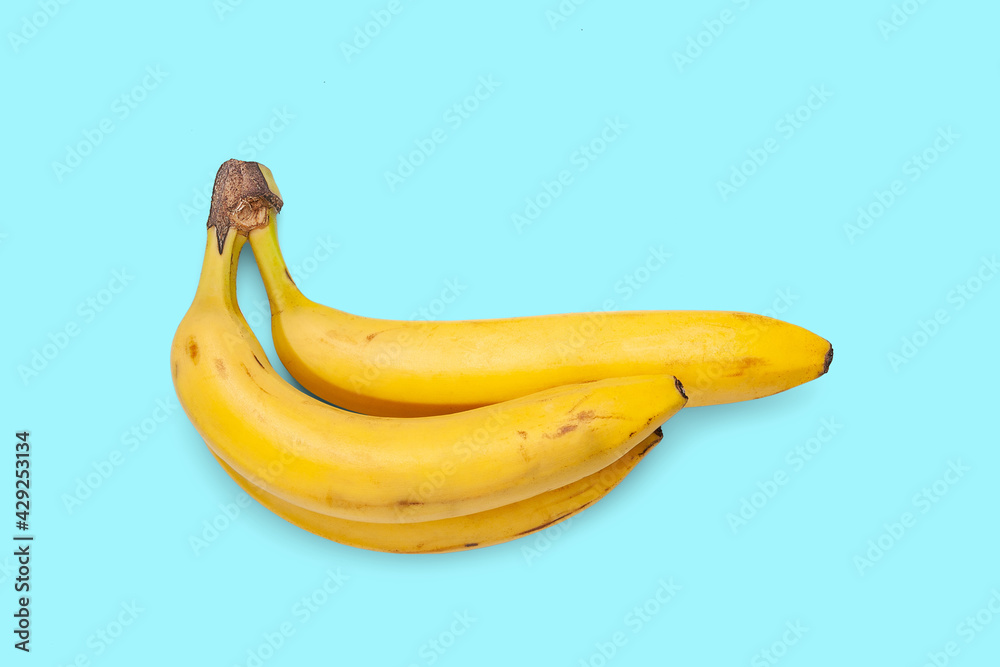 Bananas isolated on a blue background. Three ripe yellow bananas. Bunch ...