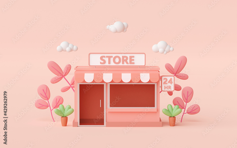 Minimal convenience store building with pink background, 3d ...