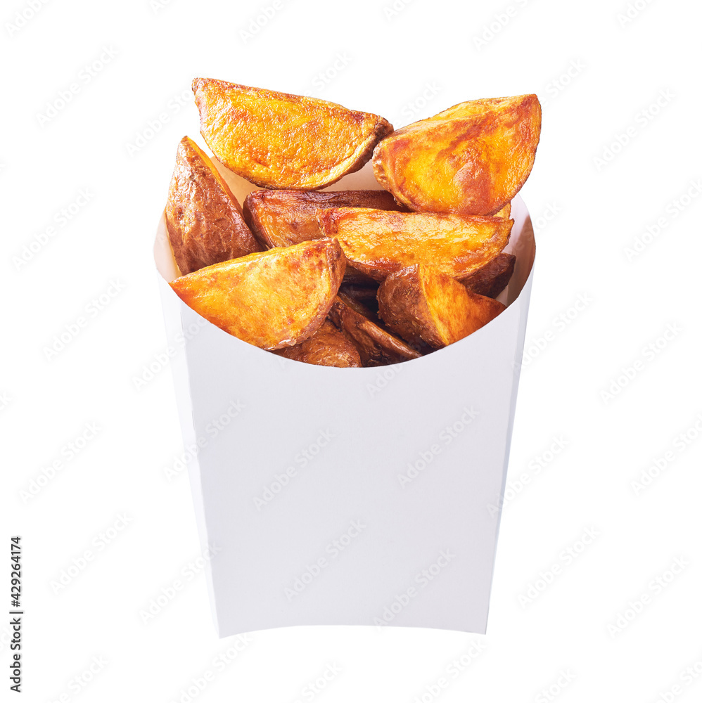 fried potato wedges in a white carton box isolated on white background ...