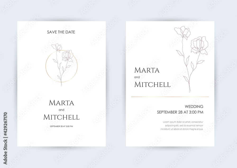 Minimalist wedding invitation card template design, golden line art ...