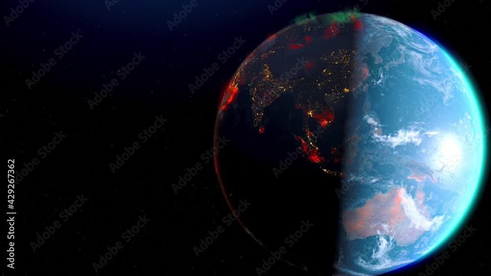 Concept of Earth wildfire view from space rotation day to night skyline ...