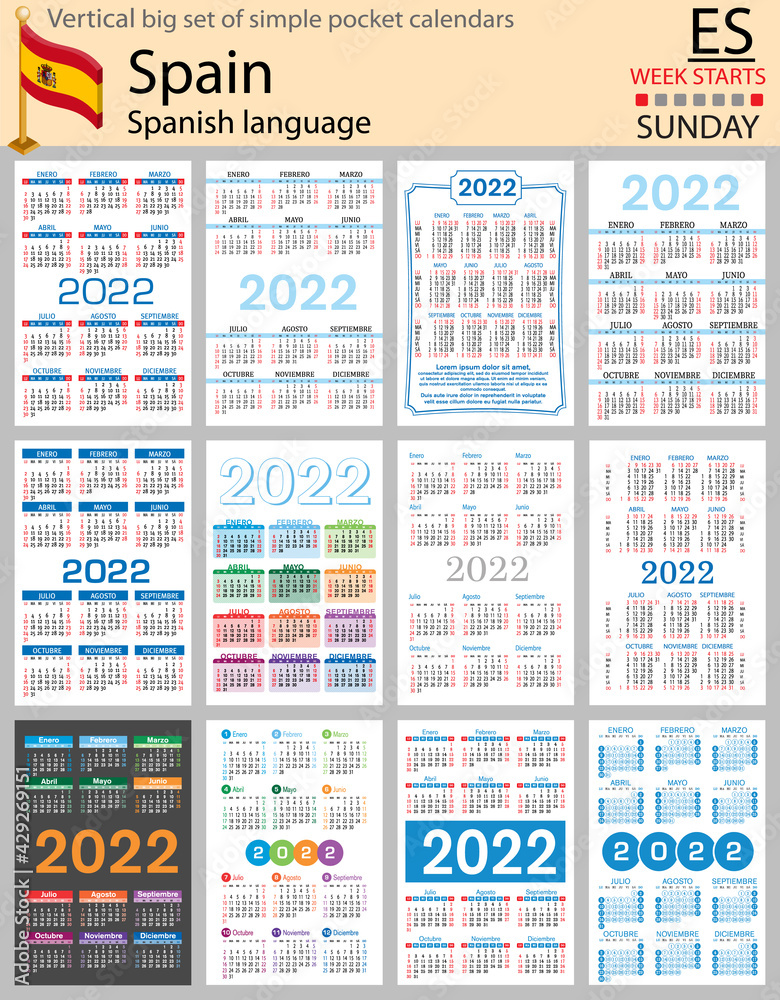 Spanish vertical pocket calendars for 2022. Week starts Sunday Stock ...