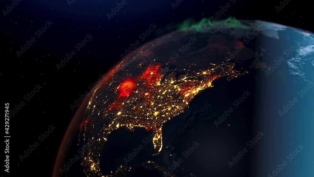 Concept of Earth wildfire view from space rotation day to night skyline ...