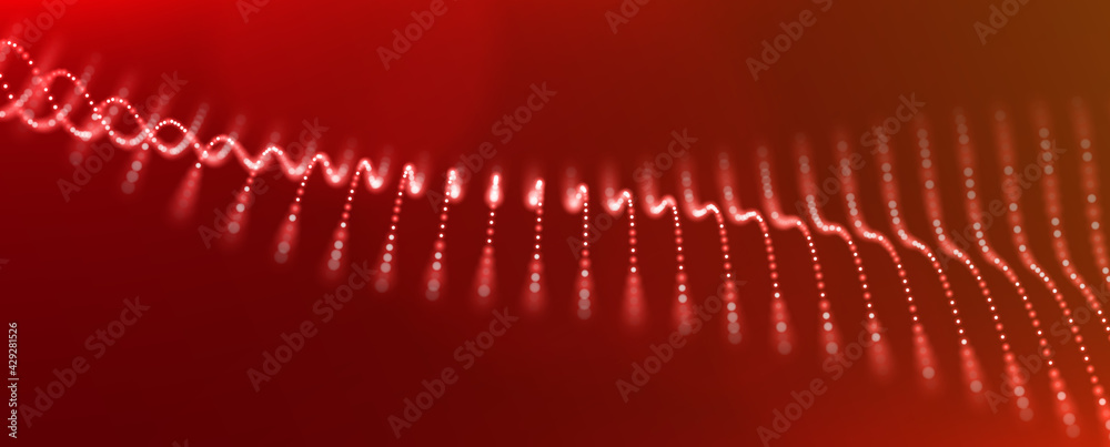 Wave of red particles. Abstract technology flow background. Sound mesh ...