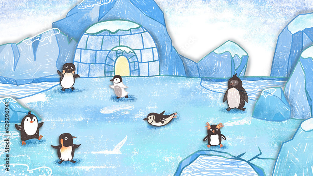 Penguin Backdrop Cartoon Background. cute penguins oil pastel drawing ...