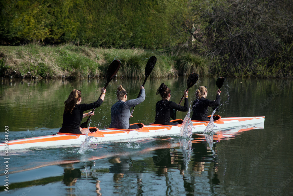 Portrait on back view of four women rowing in the channel in kayak ...